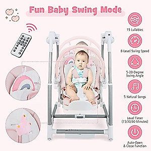 BABY JOY Baby Swings for Infants, 3 in 1 Foldable High Chair w/ 8 Adjustable Height, 5-Position Backrest, 3 Timer Settings, 12 Melodies and 5 Natural Sounds, Booster Seat for Dining Table (Pink)
