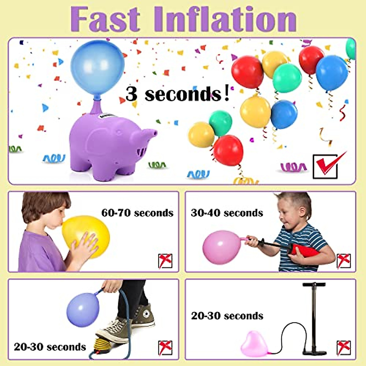 Balloon Pump,AcmyslaT Electric Balloon Pump Kit 600W 110V,Cute Elephant Balloon Air Pump with Tying Tool,Dot Glue,Flower Clip for Party/Wedding/Christmas/Birthday/Ceremony Decoration (Purple)