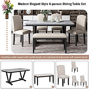 Merax Modern Style 6-Person Dining Table Set with 4 Chairs & a Bench, Marbled Veneers Tabletop and V-Shaped Legs, White(6pcs)