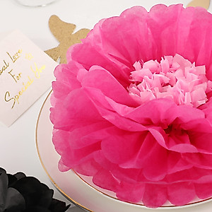 Fonder Mols Tissue Paper Flowers Pom Poms Blooms(Black & Hot Pink, 12pcs) for Bridal Shower Bachelorette Birthday Party Nursery Wall Decorations, Hot Pink and Black Party Decorations