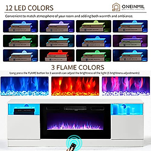 oneinmil Fireplace TV Stand with 36" Electric Fireplace, LED Light Entertainment Center, Modern Wood Texture Entertainment Stand with Highlight Storage Cabinet for TVs Up to 80", 70 inches,White