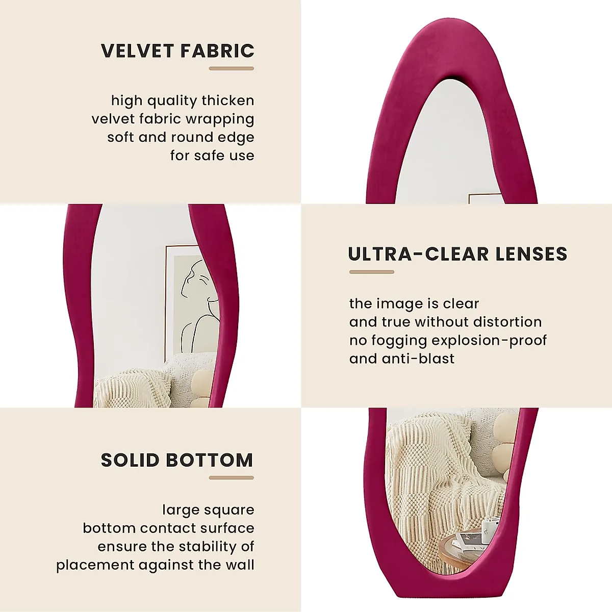 FARUIFETT Irregular Full Length Mirror 63"x24", Flannel Wrapped Wooden Frame Full Body Mirror, Floor Mirror, Wavy Mirror Hanging or Leaning Against Wall for Cloakroom/Bedroom/Living Room…