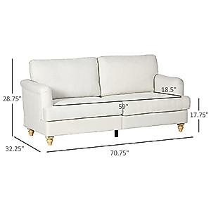 HOMCOM 3-Seater Sofa Couch, 71" Modern Linen Fabric Sofa with Rubber Wood Legs and Slatted Frame for Living Room, Bedroom and Apartment, Cream White