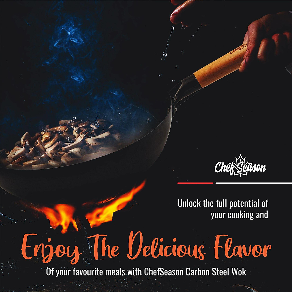 ChefSeason Carbon Steel Wok - 13.4" Flat Bottom Wok for Stir-Frying - Large Uncoated Pre-Seasoned Chinese Wok - fits Electric, Induction, and Gas Cooktops - Free Shopping Bag