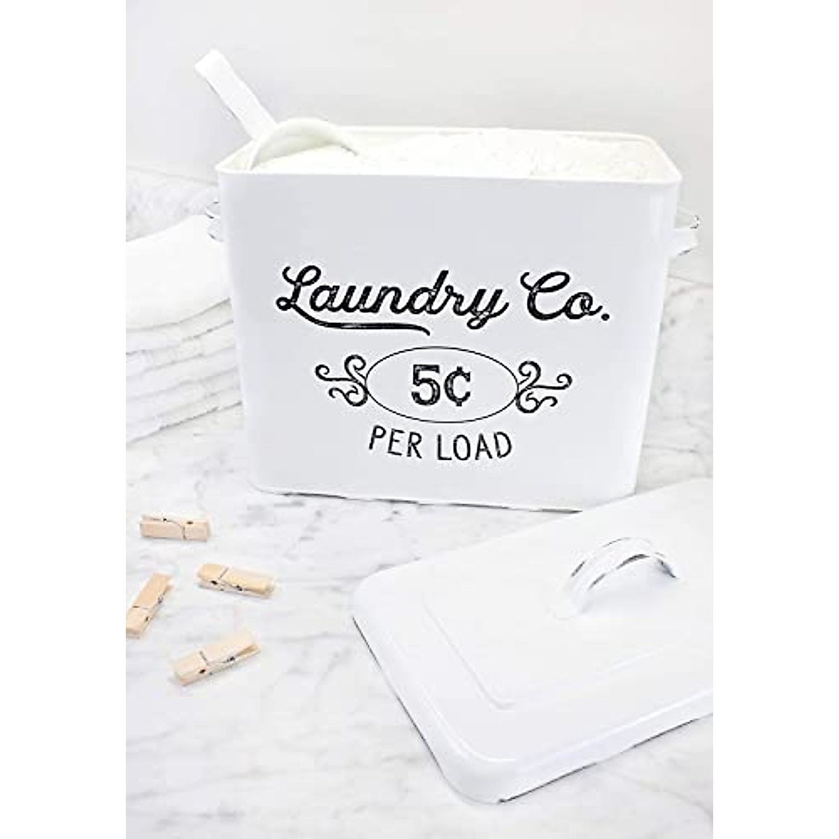 AuldHome Farmhouse Laundry Powder Container, White Enamelware Detergent Bin with Scoop