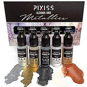 Pixiss 25 Pack Large Alcohol Inks 0.5oz Bottles and Pixiss Metallic Alcohol Inks (Pearl, Gold, Silver, Gunmetal, Copper)