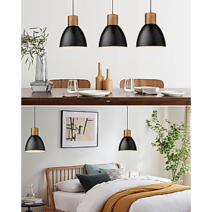 ELYONA Industrial Pendant Light, Hammered Hanging Lamp with Solid Wood & Metal Shade, Modern Pendant Light Fixtures for Kitchen Island, Bar, Farmhouse Dining Room, Bedroom, Living Room - Black