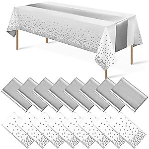 MASHAN 16Pack Disposable Plastic Tablecloths and Satin Table Runner Set White and Silver Dot Tablecloth Silver Satin Table Runner for Wedding Birthday Baby Shower Christmas New Year Party Decorations