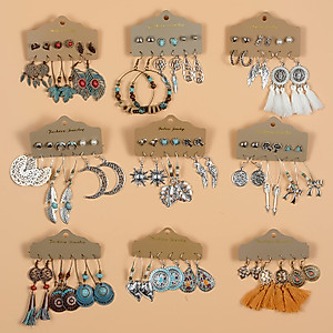 JMScape 45 Pairs Bohemian Vintage Drop Dangle Earrings Set for Women, Fashion Boho Earrings National Style Tassel Eardrop Hollow Bronze Waterdrop Leaf Jewelry for Valentine's Day Gifts