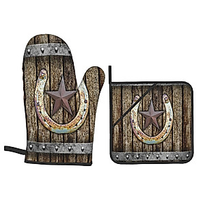 Oven Mitts and Pot Holders Sets of 4 Rustic Farmhouse Rusty Horseshoe Texas Star Vintage Western Country Cabin Brown Polyester Oven Mitts with Oven Gloves and Hot Pads Potholders for Kitchen BBQ