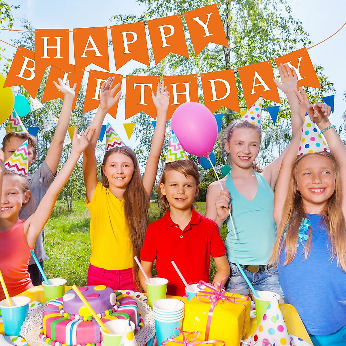 Waenerec Orange Birthday Banner Sign Happy Birthday Bunting Banner Garland for Kids Girl Woman Birthday Tea Party Decorations Bunting Flag Birthday Party Supplies