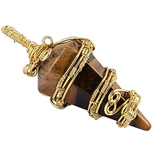 SUNYIK Handmade Wire Wrapped Conical Pendant Necklace for Women Men, Reiki Healing Faceted Hexagonal Crystal Point Pendant for Unisex, Tiger's Eye