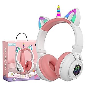 YUSONIC Unicorn Kids Headphones,Unicorn Bluetooth Headphones Foldable for Girls Boys Toddlers Phones/ipad/Amazon fire,Light Up Kids Wireless Headphone Birthday Gifts (White+Pink)