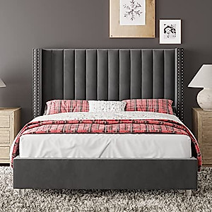 Jocisland Bed Frame Queen Size Upholstered Bed Wingback Headborad Velvet Channel Tufted/No Box Spring Needed/Dark Grey