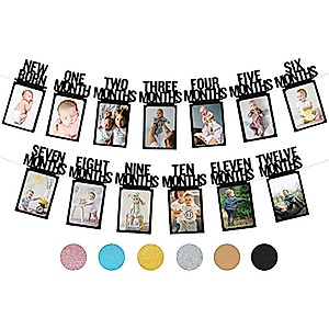 PartyHooman 1st Birthday Photo Banner for Baby from Newborn to 12 Months, First Birthday Decorations Girl Monthly Milestones Garland | First Birthday Photo Banner Pre-strung with Frame (Black)