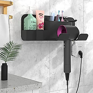 Hollyfly Hair Dryer Holder Wall Mounted, Self-Adhesive Blow Dryer Holder for Dyson, Multi-Functional Hair Dryer Rack, Removable Hair Care Accessories Tool Organizer for Bathroom Salon, Morden Black