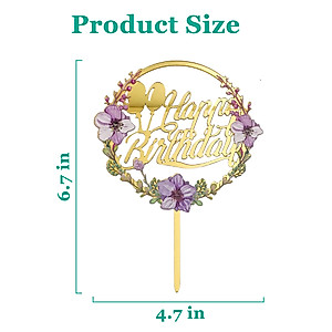 Zilphoba 12pcs Happy Birthday Cake Toppers, Flower Acrylic Gold Birthday Party Cupcake Decorations