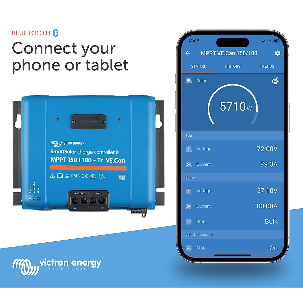Victron Energy SmartSolar MPPT Tr VE. Can 150V 100 amp 12/24/36/48-Volt Solar Charge Controller (Bluetooth)
