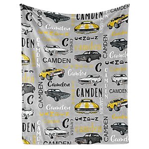 ZOTIMEF Custom Name Car Blanket for Kids - Multi-Fonts Names with Cars Theme Design - Personalized Soft Plush Flannel Blanket for Boys Girls Holidays Birthdays Gifts Grey & Yellow