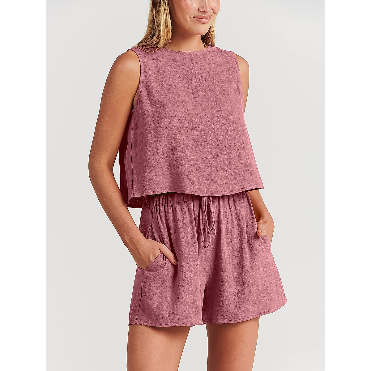 ANRABESS Women’s Summer 2PC Outfits Shorts Sets Sleeveless Crop Top Romper Lounge Matching Set Workout Tracksuit Set Beach Vacation Boho Clothes 806shenfen-L, Pink