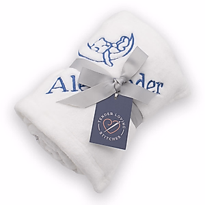 Tender Loving Stitches - Soft White Baby Blanket - Personalized with Baby’s Name and Cute Moon and Bear
