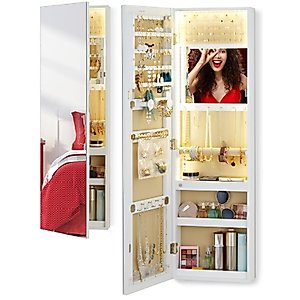 LUXFURNI Mirror with Storage, Jewelry Cabinet Armoire, Door/Wall Mounted LED Jewelry Organizer, Interior Mirror, Lockable, White