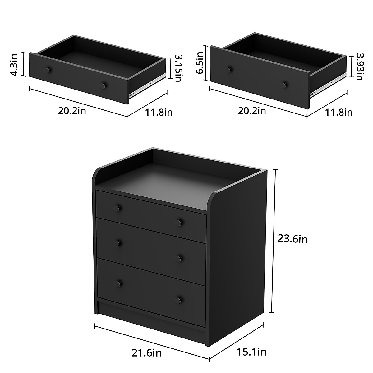Anystyle Black 3 Drawer Dresser Set of 2, Modern 3 Drawer Dresser Bedside Table, Black Side End Table Nightstand for Bedroom Living Room