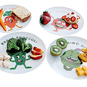Playful Friends Kid Plates - Toddler Plates Set of 4 - White Melamine Baby Plates - Dishwasher Safe Kids Plates BPA Free w/Vibrant Art - Lightweight Plates - Kids Healthy Mindset - Gifts for Toddlers