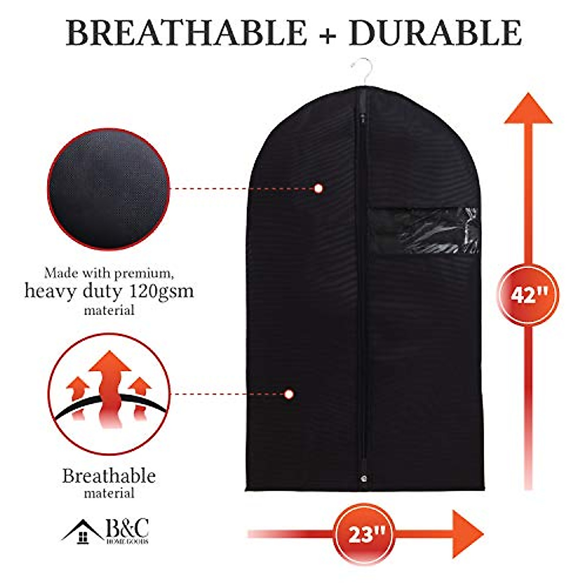 Garment Bags with Shoe Bag - Breathable Garment Bag Covers Set of 5 for Suit Carriers, Dresses, Linens, Storage or Travel - Suit Bag with Clear Window