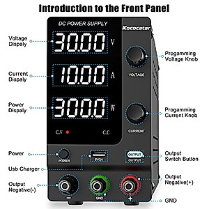 IKococater DC Power Supply Variable 30V 10A with Output Switch, Adjustable Regulated Switching Bench Power Supply with 4-Digits LED Power Display, 5V/2A USB Interface, Accurate Encoder Adjustment Knob