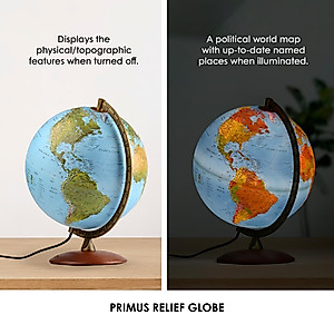 Waypoint Geographic Illuminated Desk Globe with Stand and Raised Relief Features - 1,000's of Up-to-Date Named Places & Points of Interest - Wood Stand (Blue)