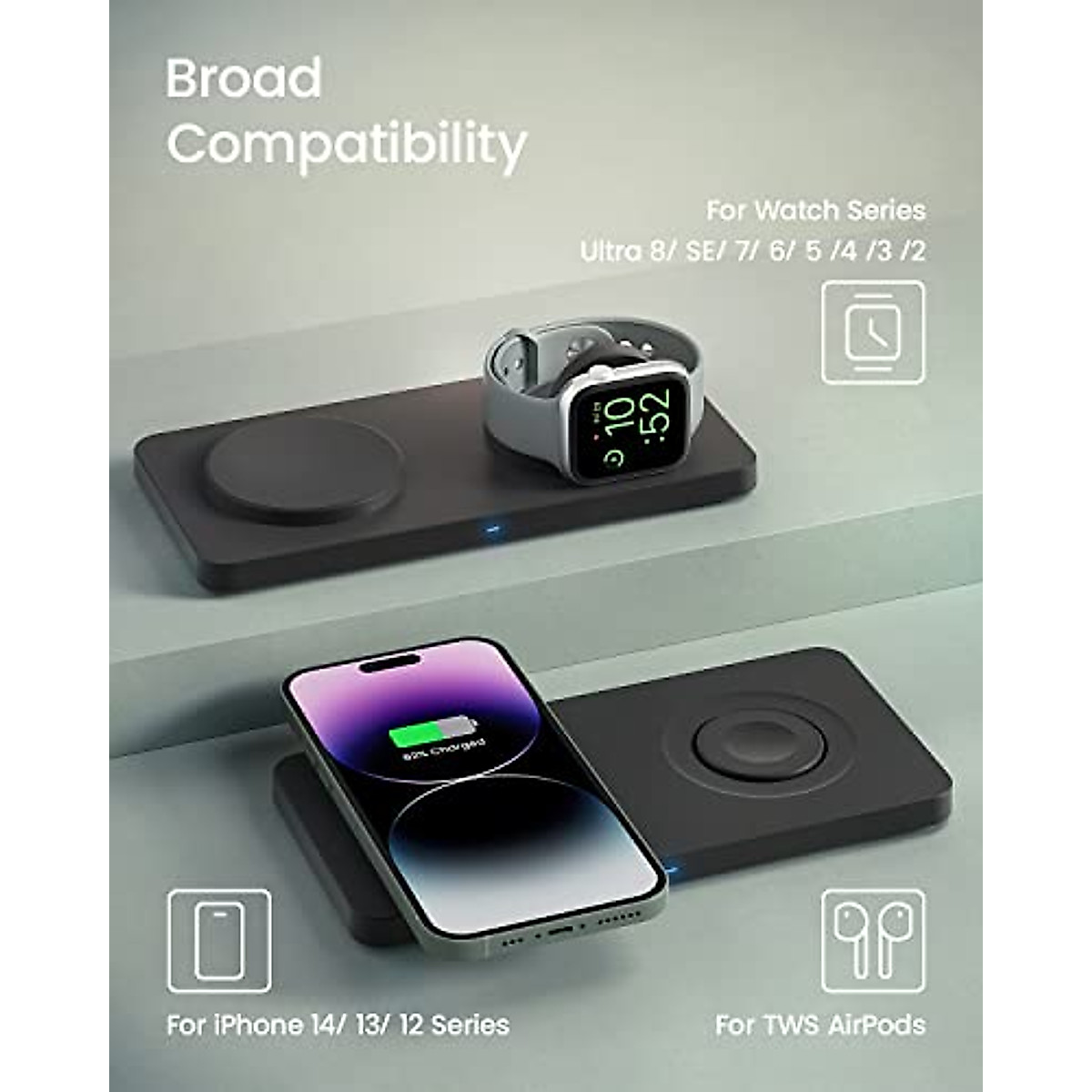 Magnetic Wireless Charging Pad, GEEKERA 2 in 1 Magnetic Wireless Charger for Apple, Compatible with iPhone 14/13/12 Series, Apple Watch Ultra/8/7/6/SE/5/4/3, AirPods 3/Pro 2 (ONLY for Apple Products)