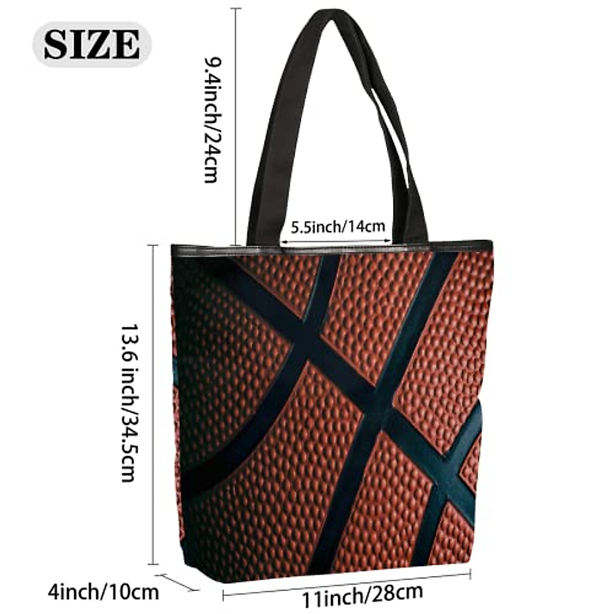 Basketball Ball Print Women's Canvas Tote Bag, Basketball Texture Shoulder Handbag Bags with Zip Large Beach Bag for School Shopping Business Work Travel
