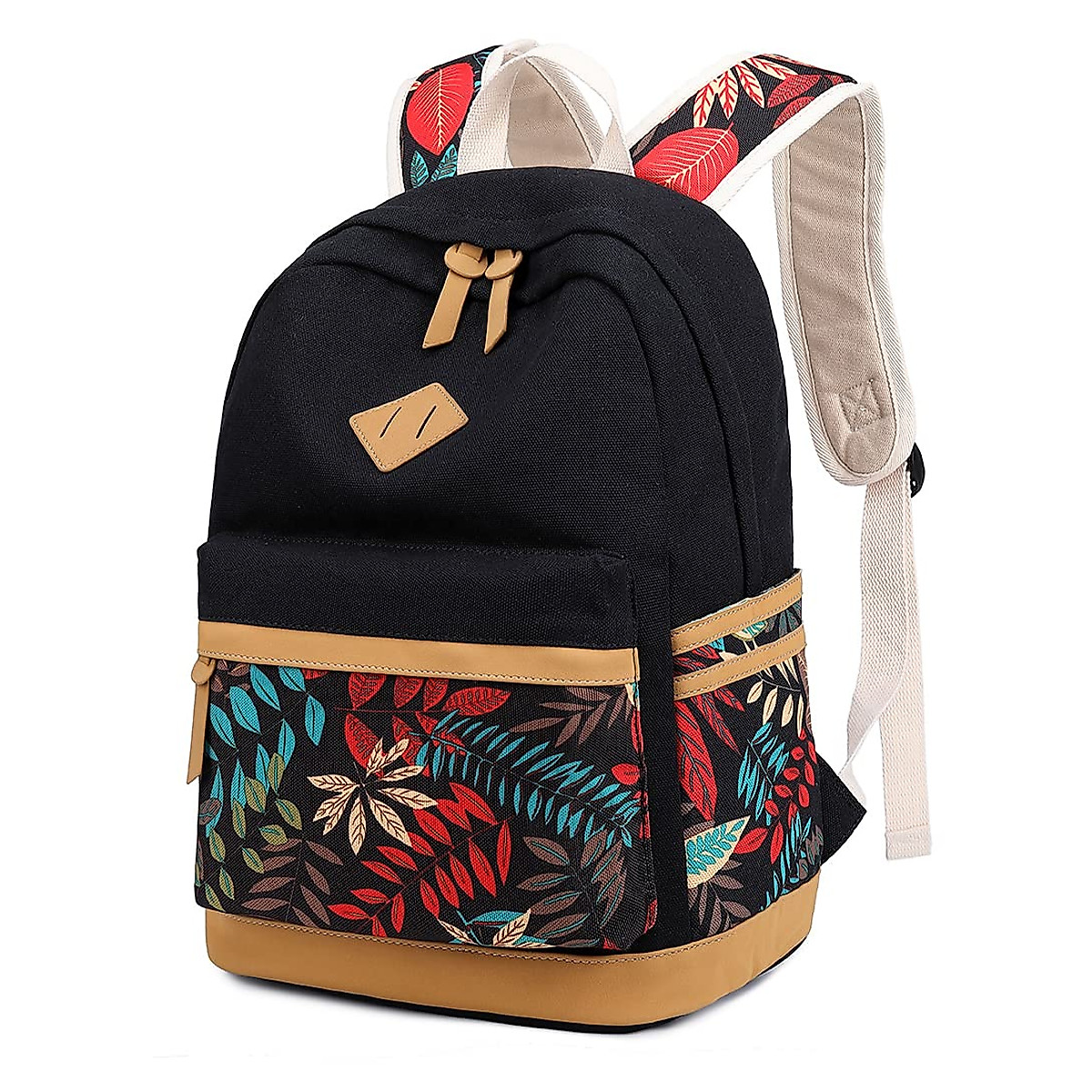 LuckyZ Women Casual Backpack Lightweight School Bookbag Canvas Leather Daykpack Cute Printng Travel Shoulder Rucksacck Leaf Black Medium