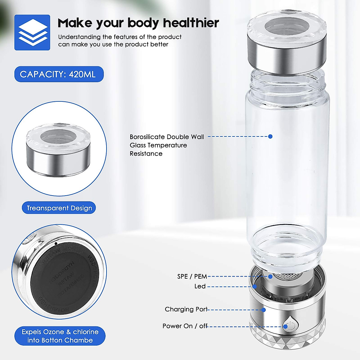 N.P Hydrogen Water Bottle Generator with Dual Chamber,PEM and SPE Technology,Up to 1700PPB,Portable Hydrogen Water Maker,Hydrogen Water Machine,New Technology Glass