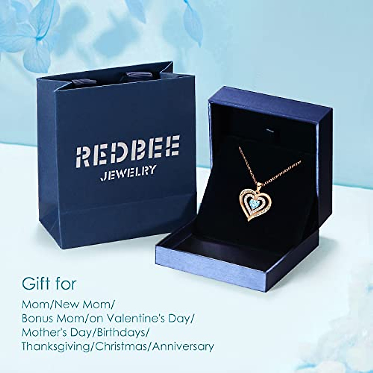 REDBEE Necklace for Mom 18K Rose Gold Filled 925 Sterling Silver Birthstone Diamond Heart Pendant Necklace for Women, Jewelry for Birthday Mothers Day for Mom Valentines Day for Wife Gifts for Her I