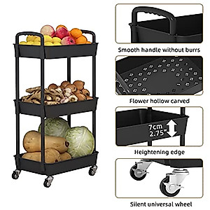 JIUYOTREE 3-Tier Rolling Storage Cart Utility Cart with Lockable Wheels for Living Room Bathroom Kitchen Office Black