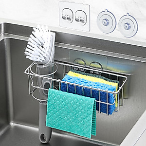 3-In-1 Sponge Holder for Kitchen Sink, 2 Type Suspension Options (Suction Cups & Adhesive Hook), Hanging Sink Caddy Organizer Rack - Sponge, Dish Cloth, Brush, Scrubber, Soap Tray, 304 Stainless Steel