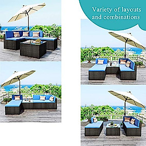 JIVOIT 5-Piece Outdoor Patio Furniture Set, Rattan PE Wicker Corner Sofa Set, Sectional Sofa Set with 1 Corner Sofa, 2 Sofa Chairs, 1 Ottoman and 1 Glass Coffee Table (Black Wicker+ Blue Cushion 003)