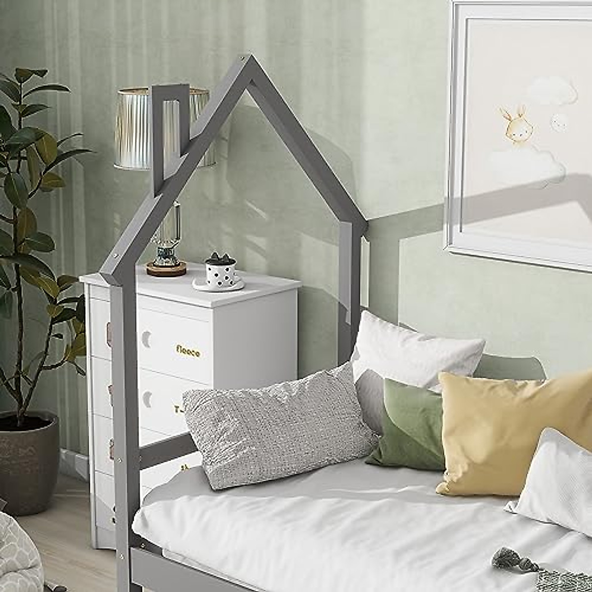 Twin Platform Bed with Trundle, Wooden House-Shaped Headboard Bed with Guardrails, Daybed Frame with Sturdy Slat Support for Kids Boys Girls Bedroom (Grey 06)