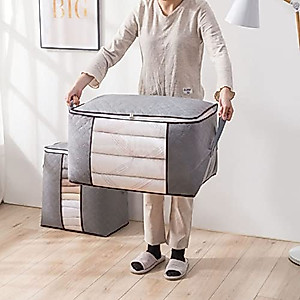 2PCS 90L Large Storage Bags Home Quilt Storage Bag Foldable Non-Woven Transparent Window Handle Storage Bag for Comforters, Clothing, Blanket, Bedding and Toys