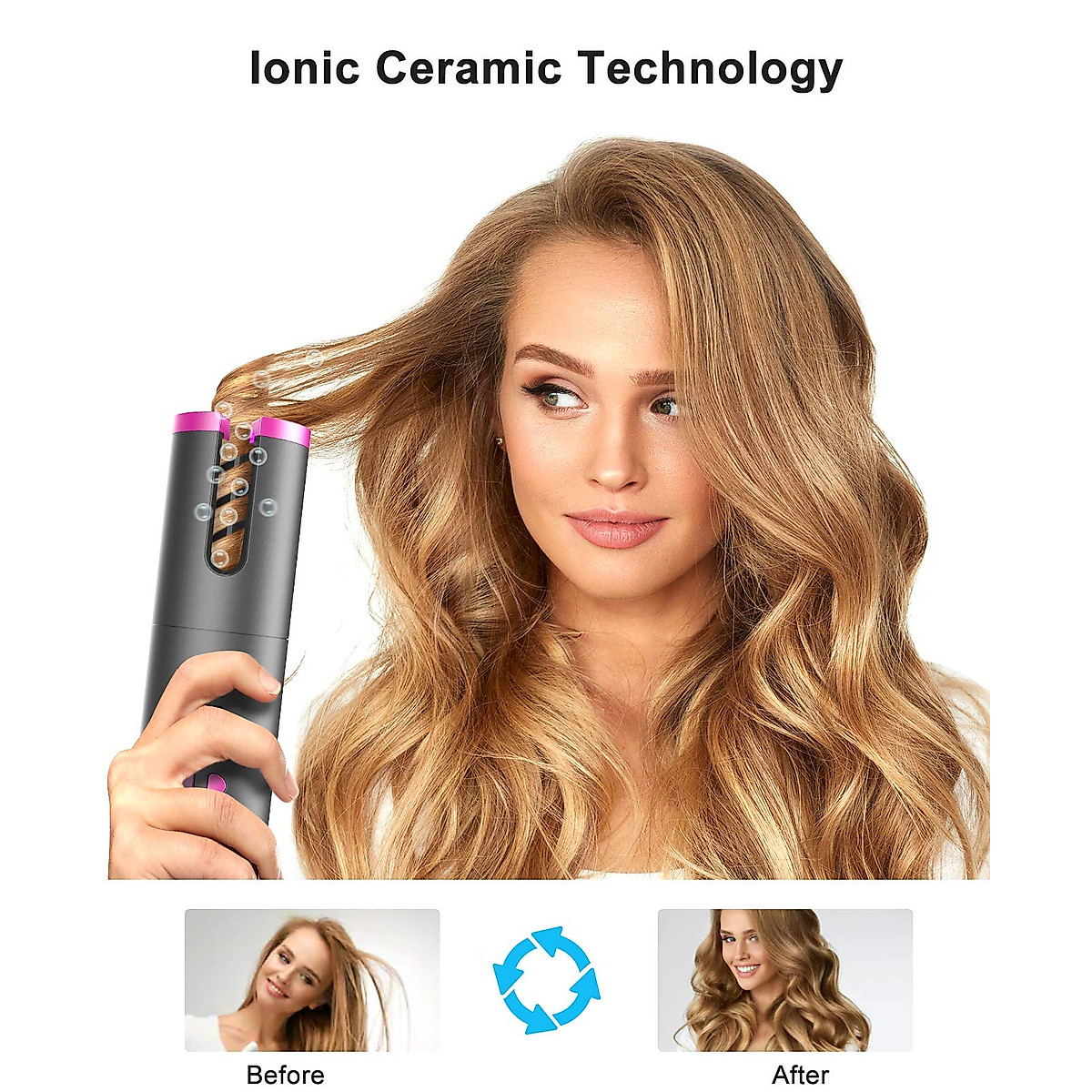 Curling Iron Automatic Cordless Hair Curler with 6 Temperature & Timer Settings, Portable Auto Shut-Off Rechargeable Curling Wand for Girls