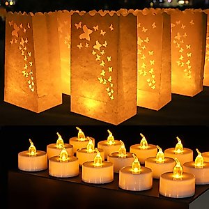 50 PCS Butterfly Luminary Bags & 50 PCS Battery Tea Lights, White Luminary Bags with Flameless Candles, LED Lamp Holiday Gift Flameless LED Tealight for Outdoor Christmas Thanksgiving Decorations