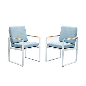 LebenLiebe Outdoor Dining Chair Set Patio Dining Chairs Set of 2 with Seat Cushions Aluminum Outdoor Furniture Chair with Teak Armrest for Garden,White Frame