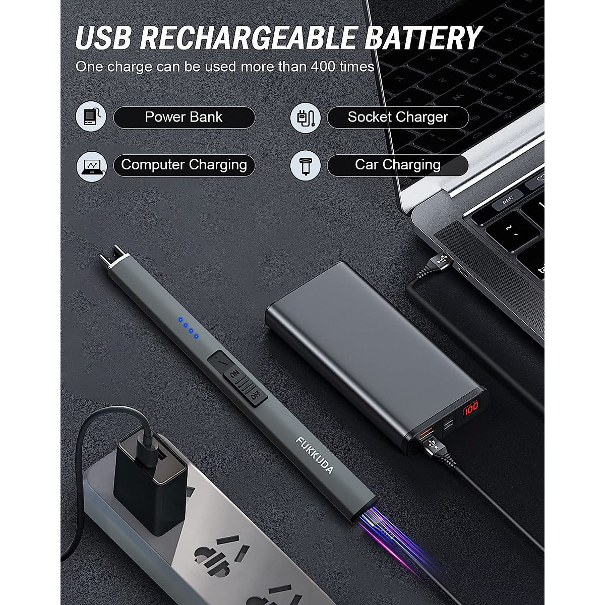 FUKKUDA Electric Candle Lighter with Safety Switch - USB Rechargeable Windproof & Flameless Plasma Arc Lighter for Easter Basket Stuffers (Space Grey)