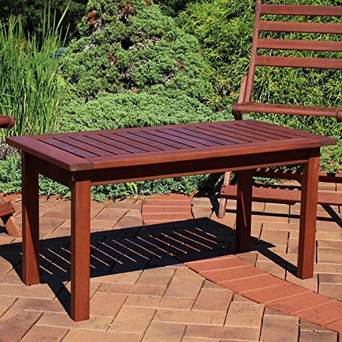 Sunnydaze Meranti Wood Coffee Table with Teak Oil Finish - 17.75 x 35.5 Inch Modern Rectangle Outdoor Center Table - Perfect Decorative Patio Furniture Accent for The Patio, Deck, Front Porch or Yard
