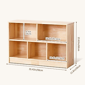 OOOK Rubber Wood 5-Compartment Montessori Shelf, 35.4" L, Toy Organizers and Storage, 2-Tier Wooden Storage Cabinet, Kids Classroom Organizer, Playroom, Daycare and Preschool Storage Shelves