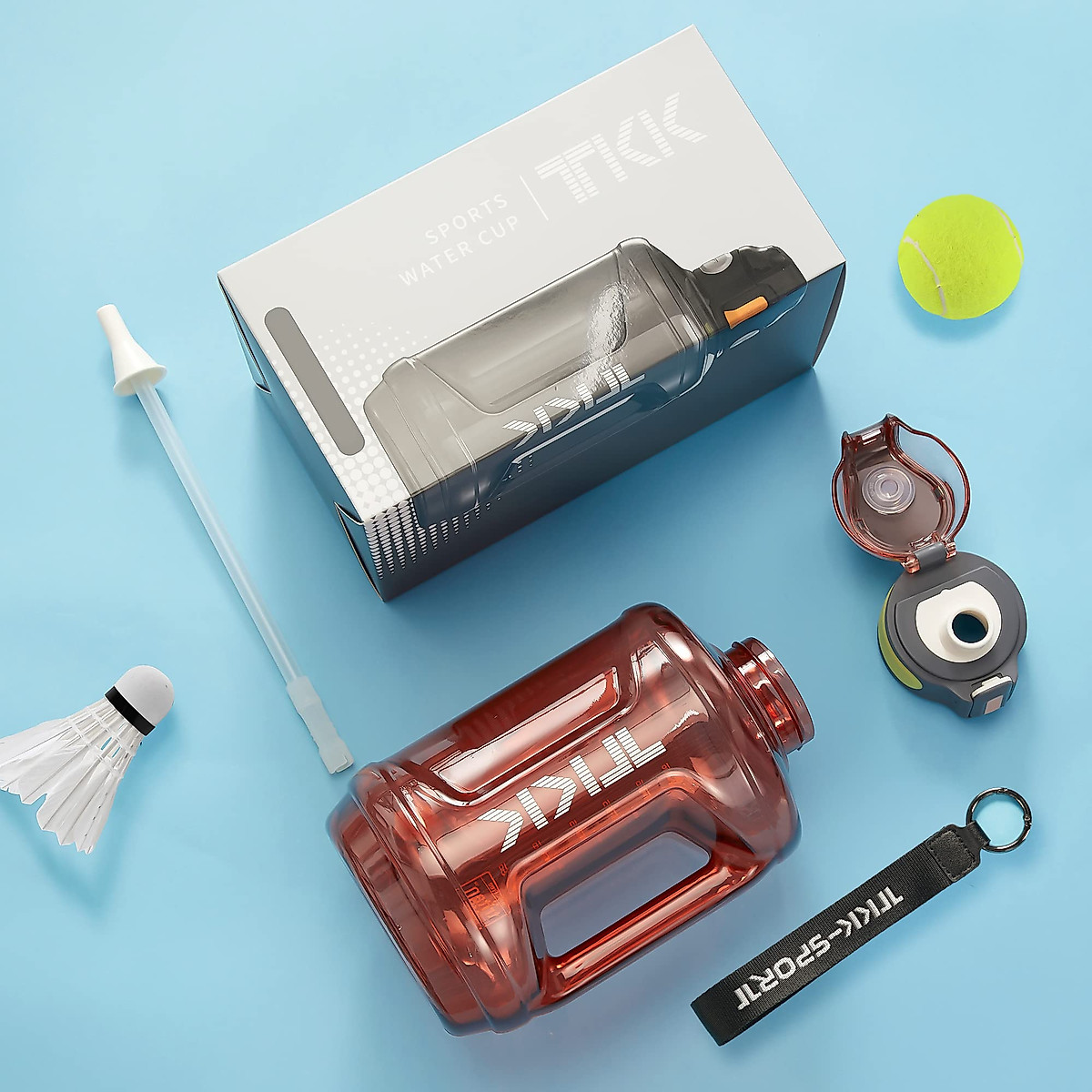 TKK Half Gallon Water Bottle Jug with Straw Time Marker Big Bottle Dishwasher Safe 1/2 Gallon 64 Oz Jug BPA Free Tritan for Gym Yoga Travel Camping Outdoor Orange Pink