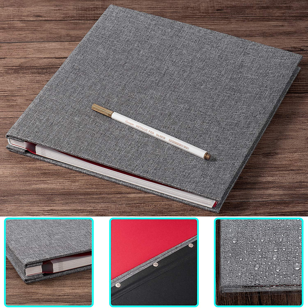 Photo Album Self Adhesive 3x5 4x6 5x7 6x8 8x10 8.5x11 11x10.6 Magnetic Scrapbook Album DIY Length 11x10.6 Inch 40 Pages Linen Cover DIY Photo Album with A Metallic Pen and DIY Accessories(Gray)