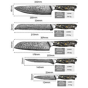 Kuwata Damascus Chef Knife Set, Professional Black Gold Series 5PCS Kitchen Knife Set, VG10 Damascus Steel Cooking Knife Set, G10 Ergonomic Black Gold Handle Knife Set with Gift Box